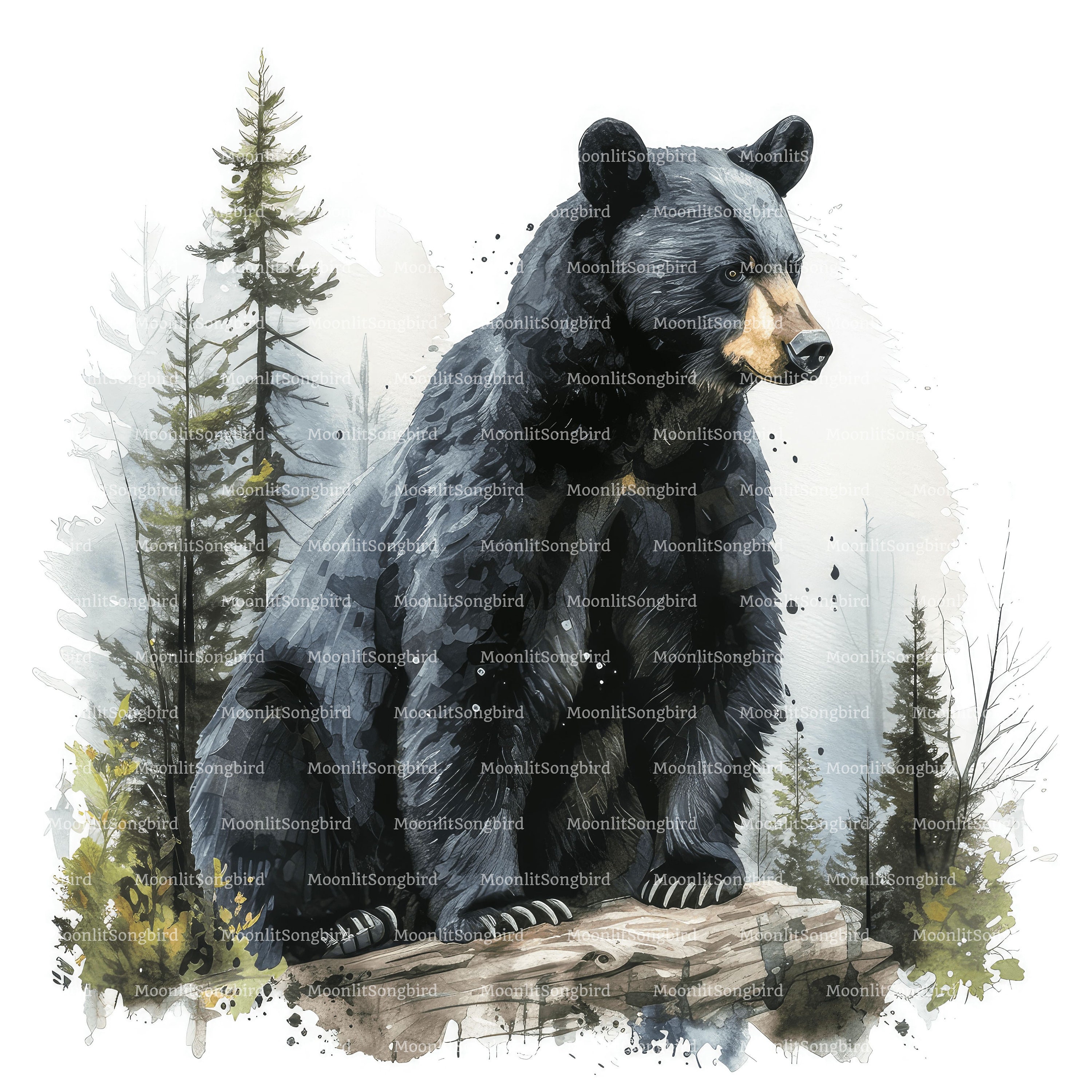 12 Black Bear in Forest Clipart, Digital Download, Printable Watercolor ...