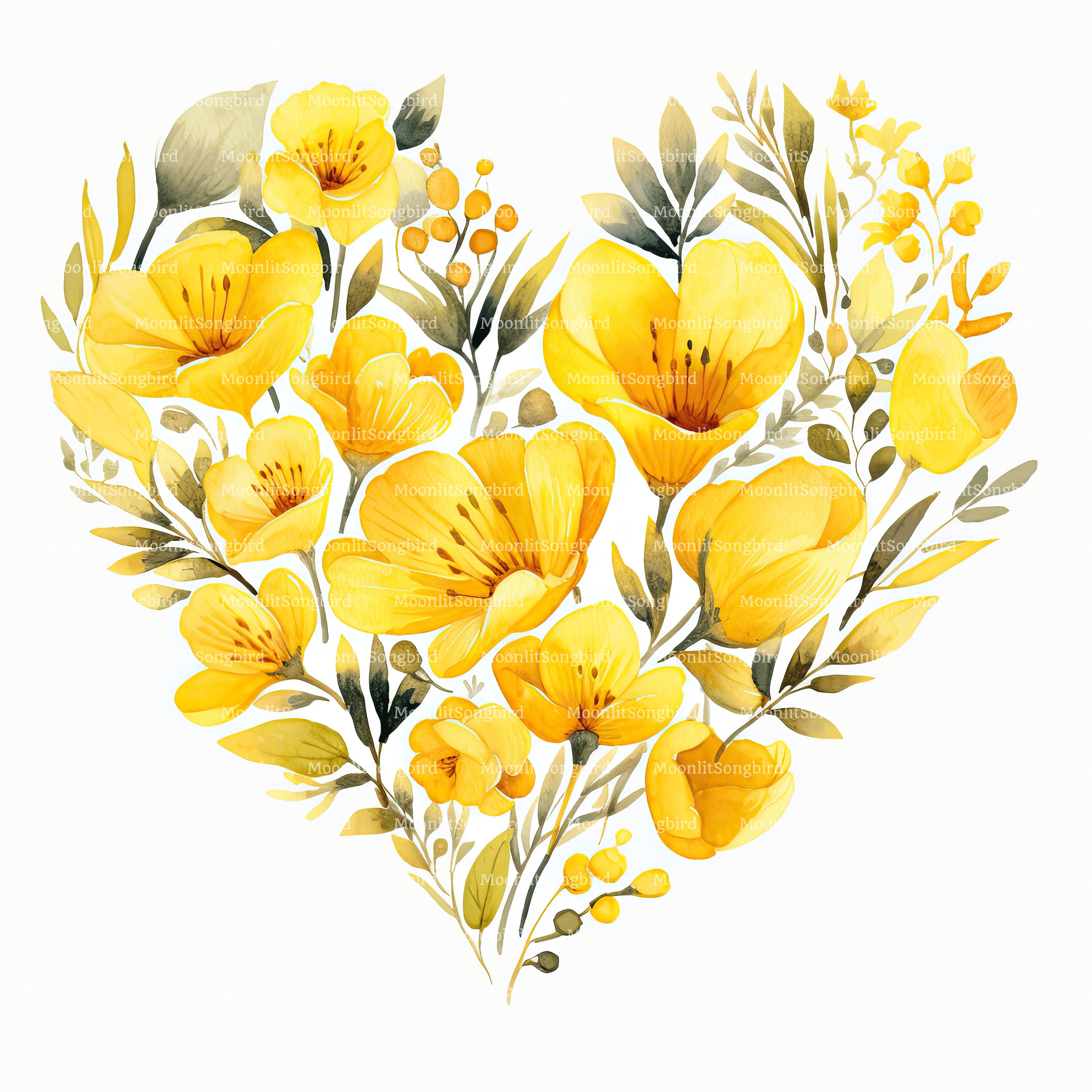 16 Yellow Floral Hearts Clipart, Digital Download, Printable Watercolor ...