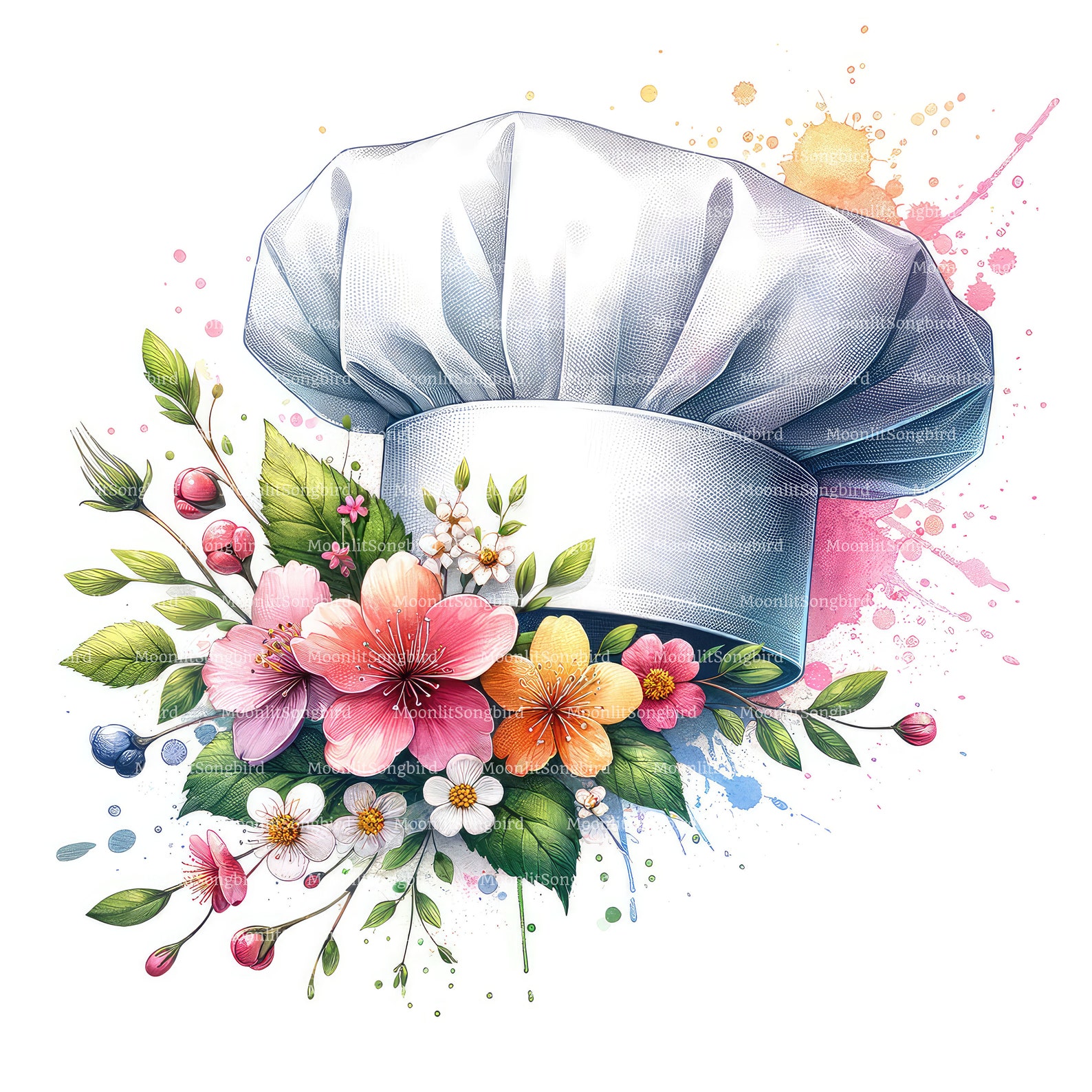 10 Floral Chef Hat Clipart, Digital Download, Printable Watercolor ...
