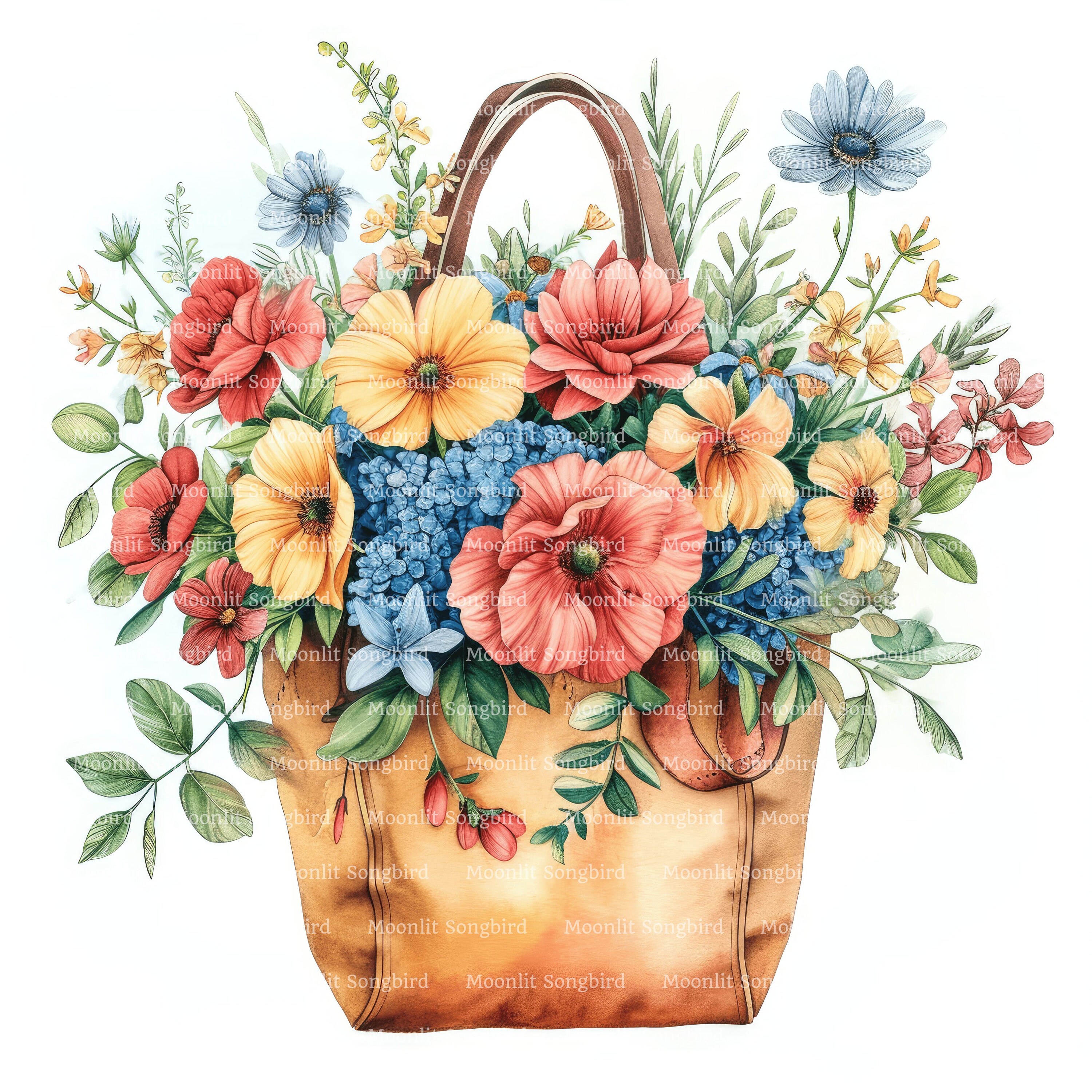10 Flowers in Handbag Clipart, Digital Download, Printable Watercolor ...