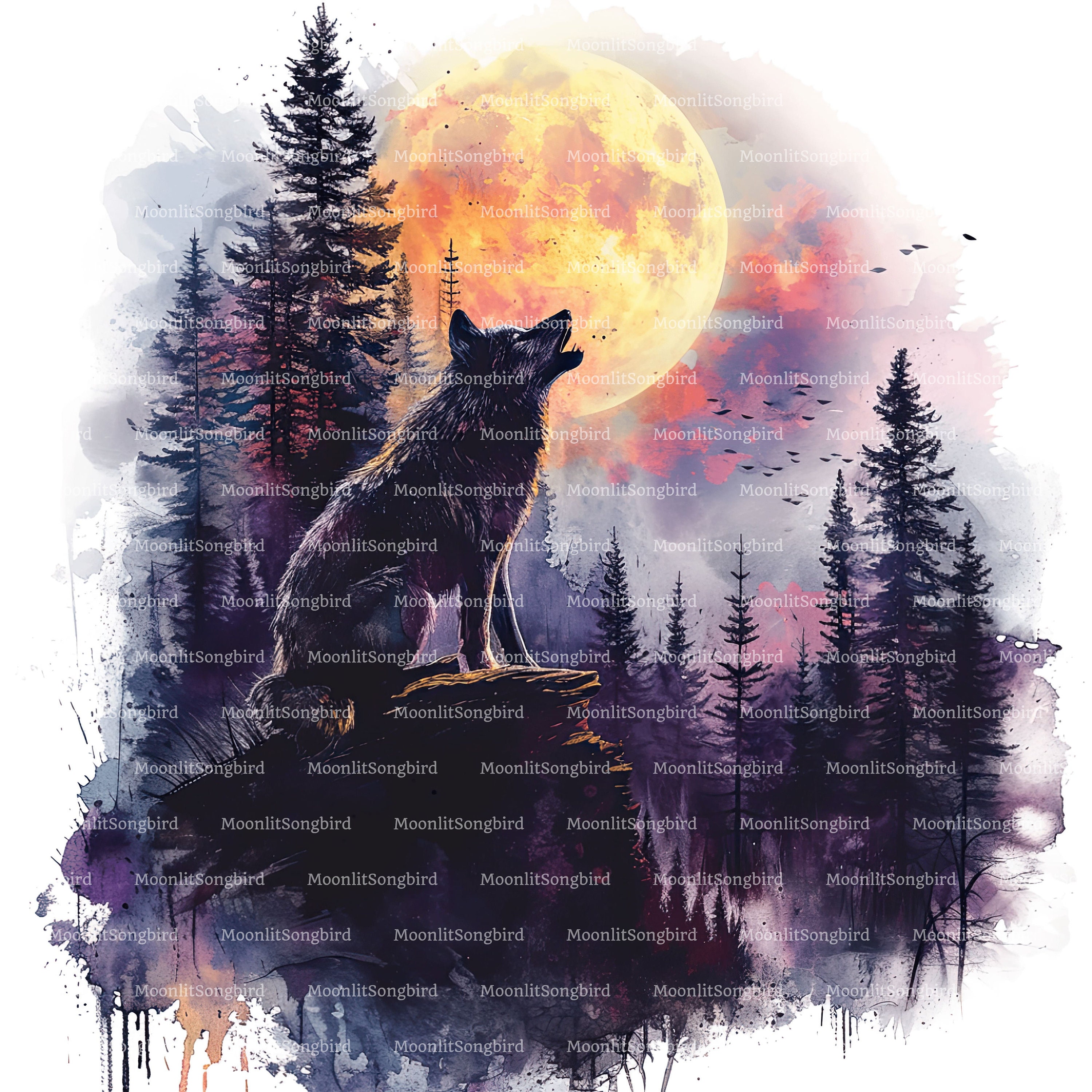 12 Wolf Howling at Moon Clipart, Digital Download, Printable Watercolor ...