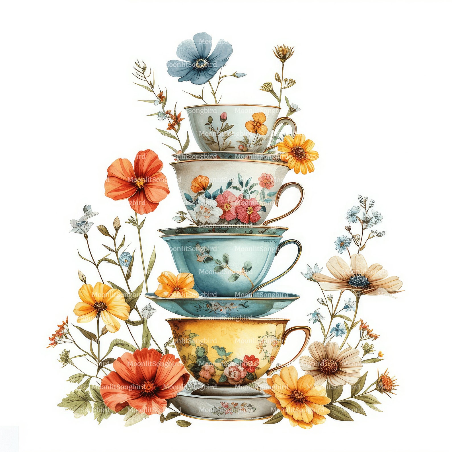 12 Floral Stack of Teacups Clipart, Digital Download, Printable ...