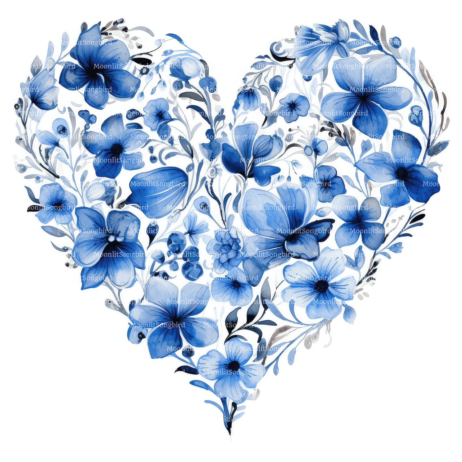 16 Blue Floral Hearts Clipart, Digital Download, Printable Watercolor ...