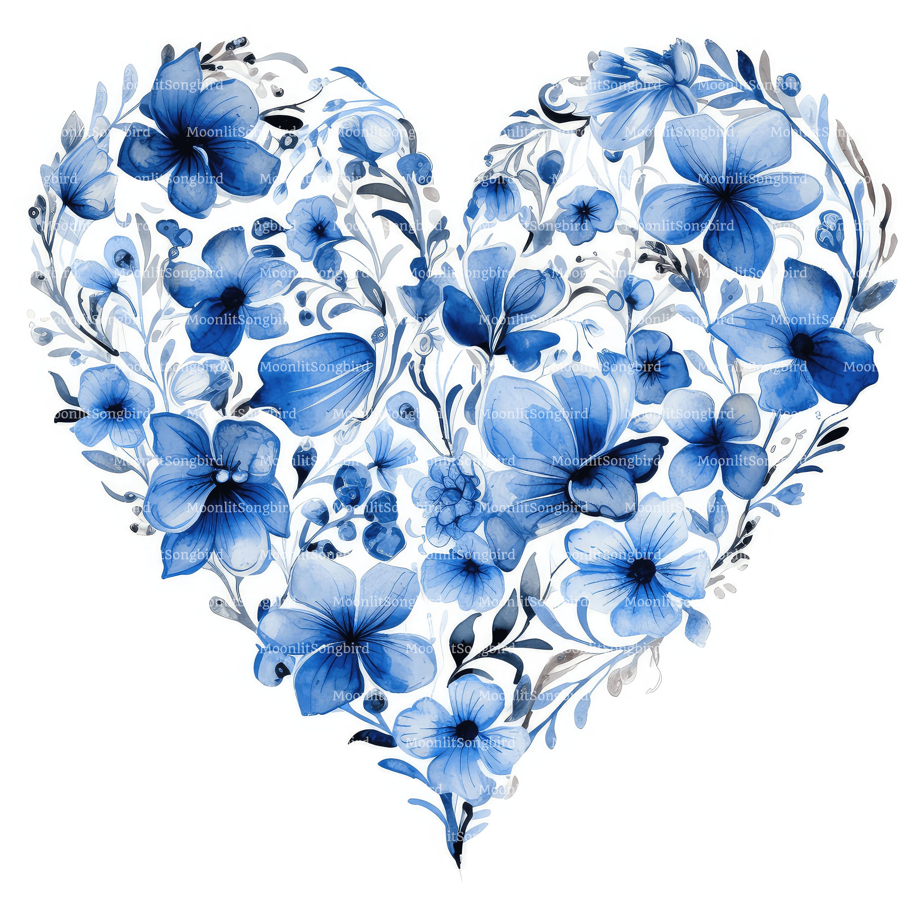 16 Blue Floral Hearts Clipart, Digital Download, Printable Watercolor ...