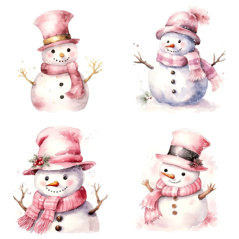15 Pink Snowman Clipart, Digital Download, Printable Winter Watercolor ...