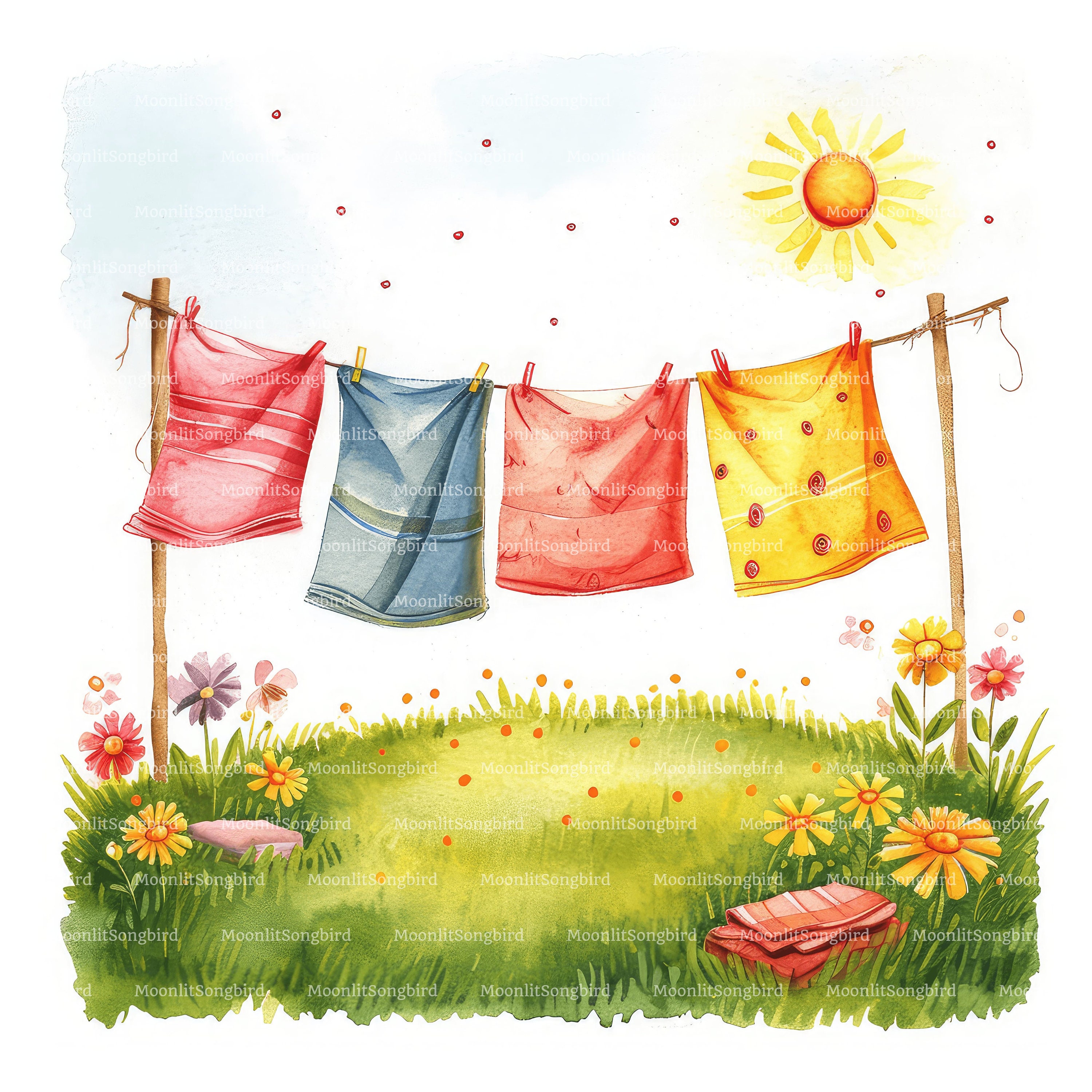12 Laundry Drying on Clothesline Clipart, Digital Download, Printable ...