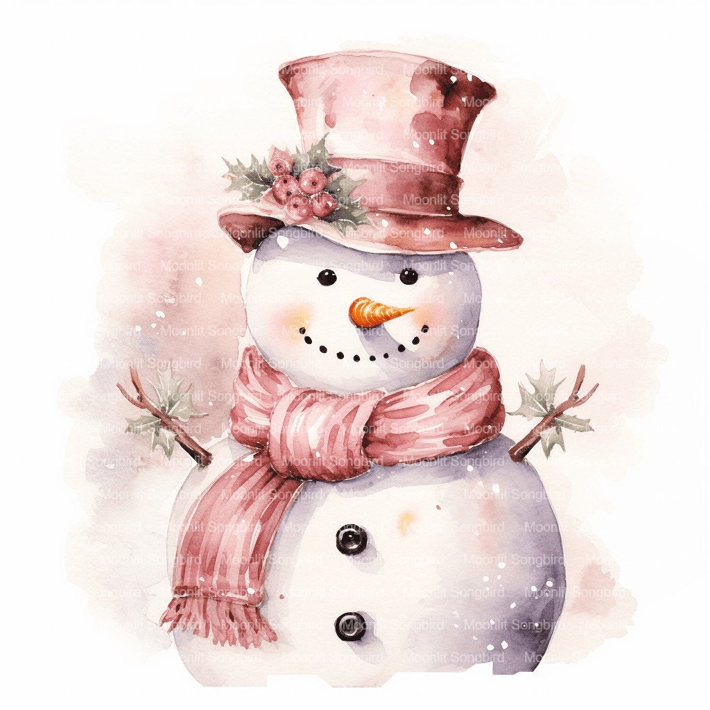 15 Pink Snowman Clipart, Digital Download, Printable Winter Watercolor ...