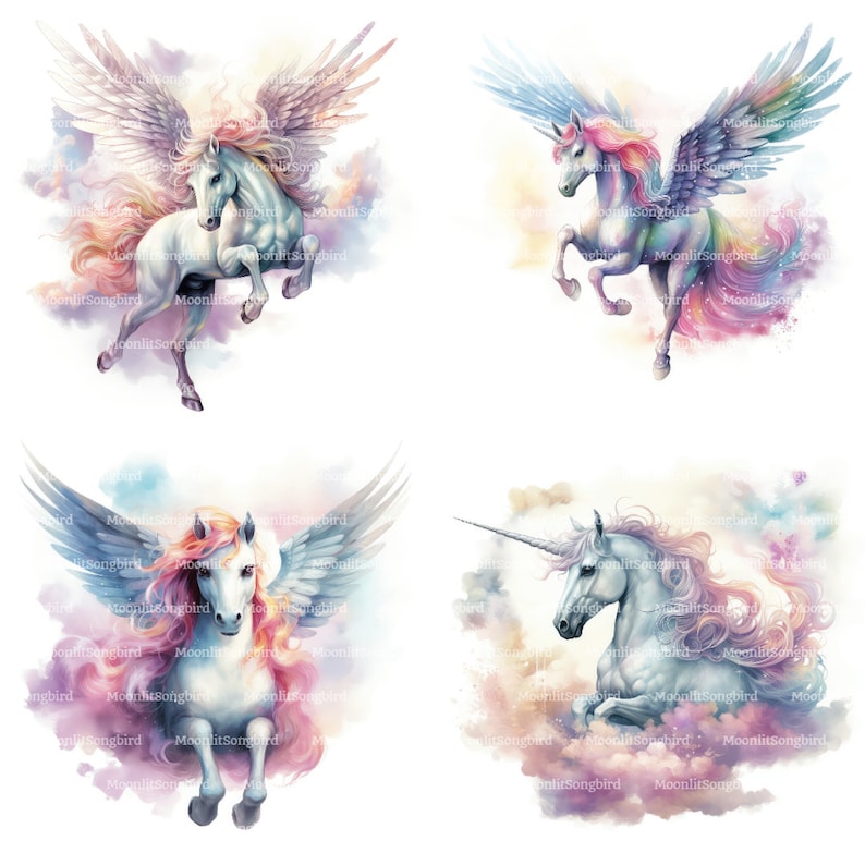 16 Unicorns in Clouds Clipart, Digital Download, Printable Watercolor ...