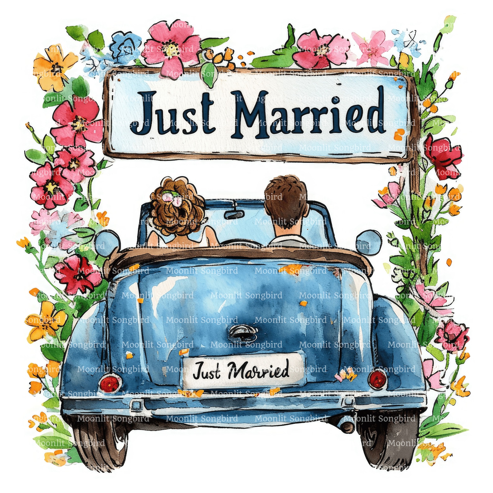 12 Just Married Car With Bride and Groom Clipart, PNG & JPG, Digital ...