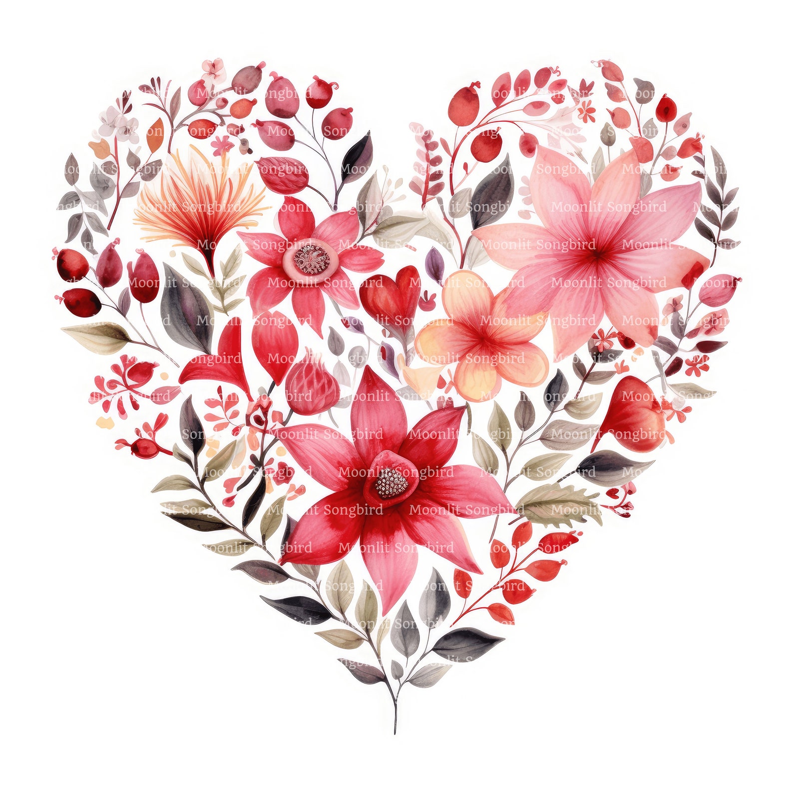 10 Floral Hearts Clipart, Digital Download, Printable Watercolor Card ...