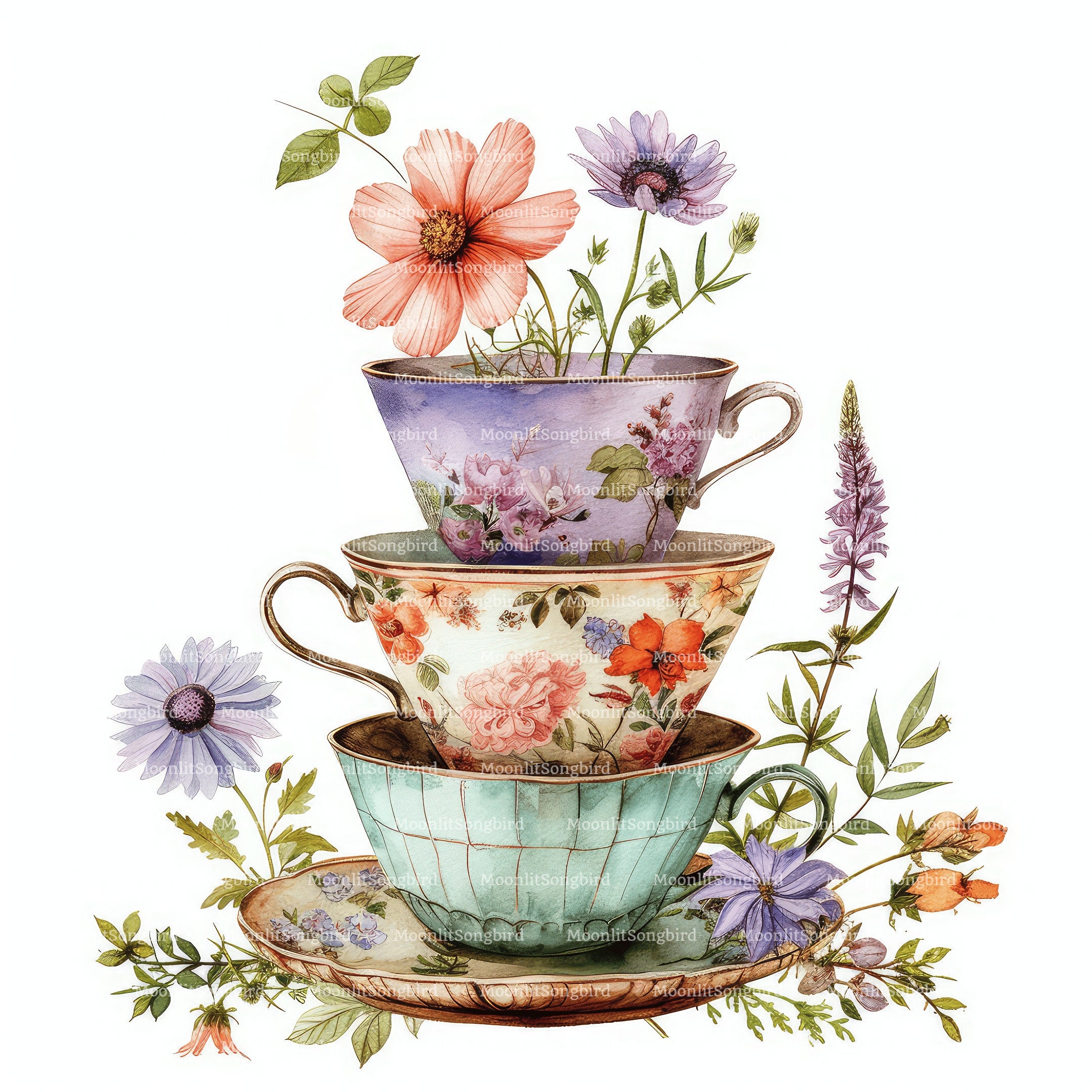 Floral Teacups Clipart, Watercolor Stacked Cups Image (digital Download ...