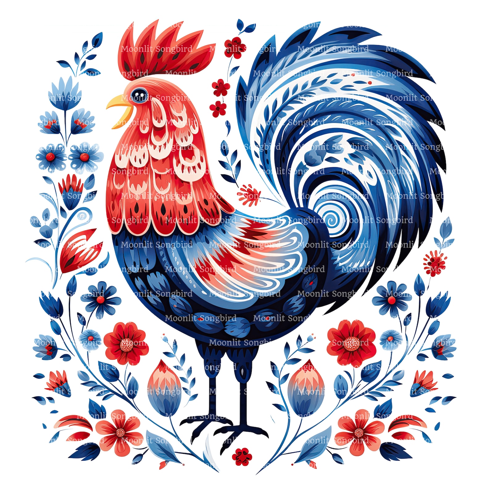 10 Folk Art Rooster Clipart, Digital Download, Printable Watercolor ...