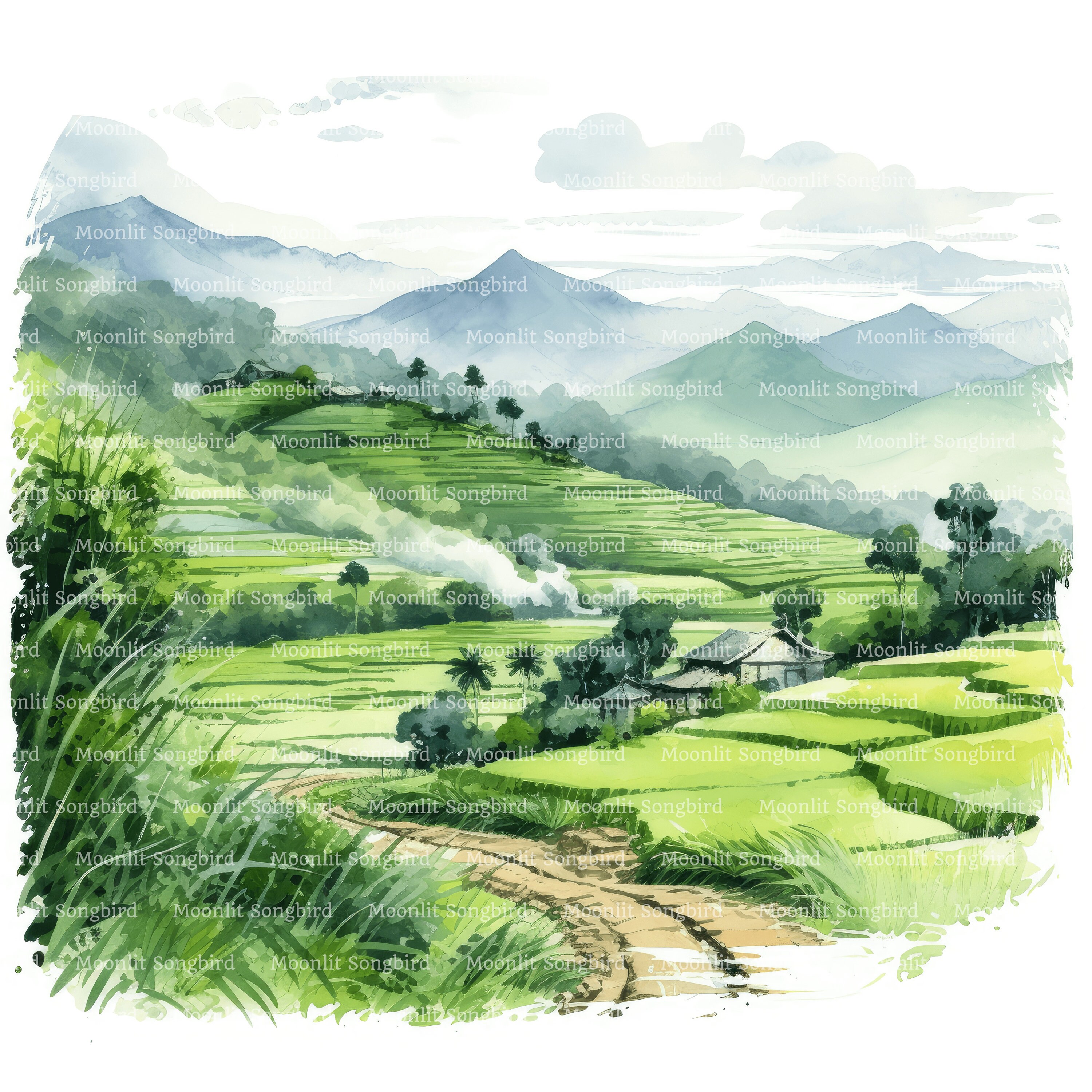 11 Terraced Rice Fields Clipart, Digital Download, Printable Watercolor ...