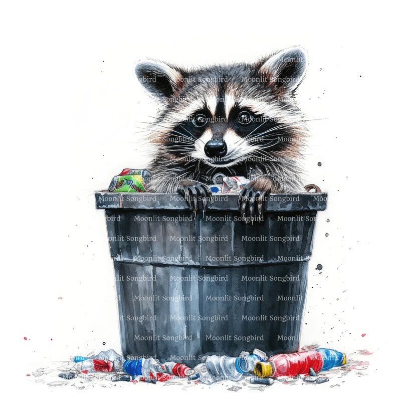 12 Raccoon in Trashcan Clipart, Digital Download, Printable Watercolor ...