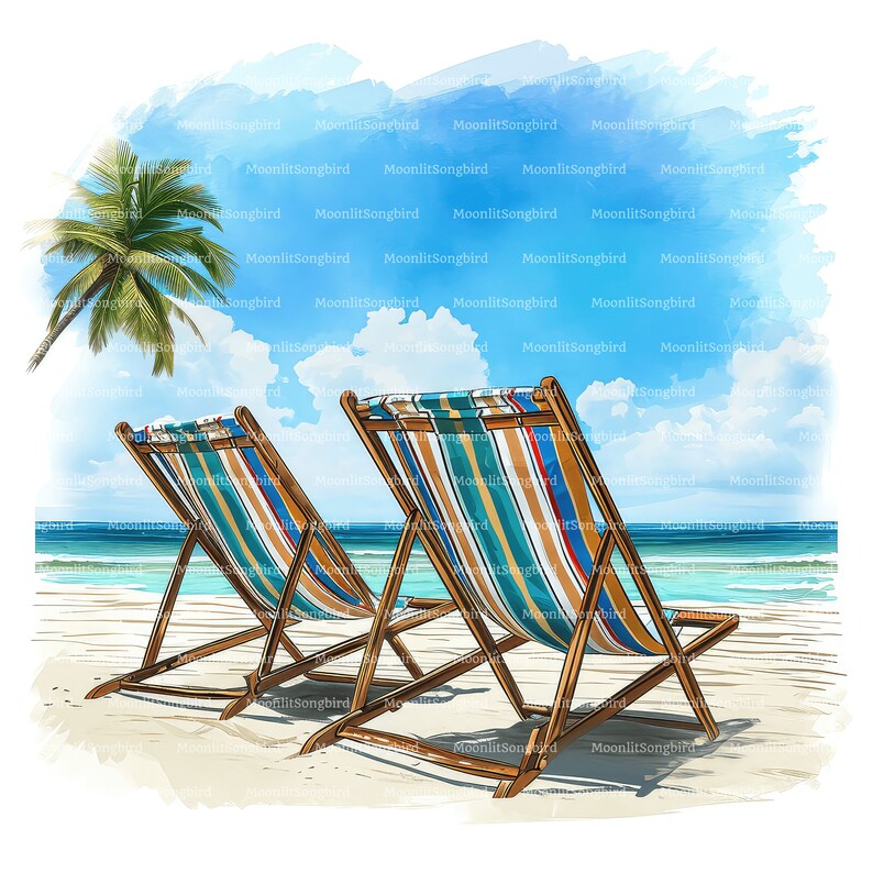 12 Beach Chairs Clipart, Digital Download, Printable Watercolor Clipart ...