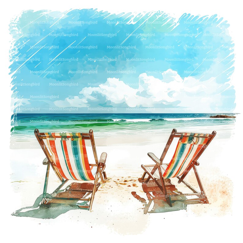 12 Beach Chairs Clipart, Digital Download, Printable Watercolor Clipart ...