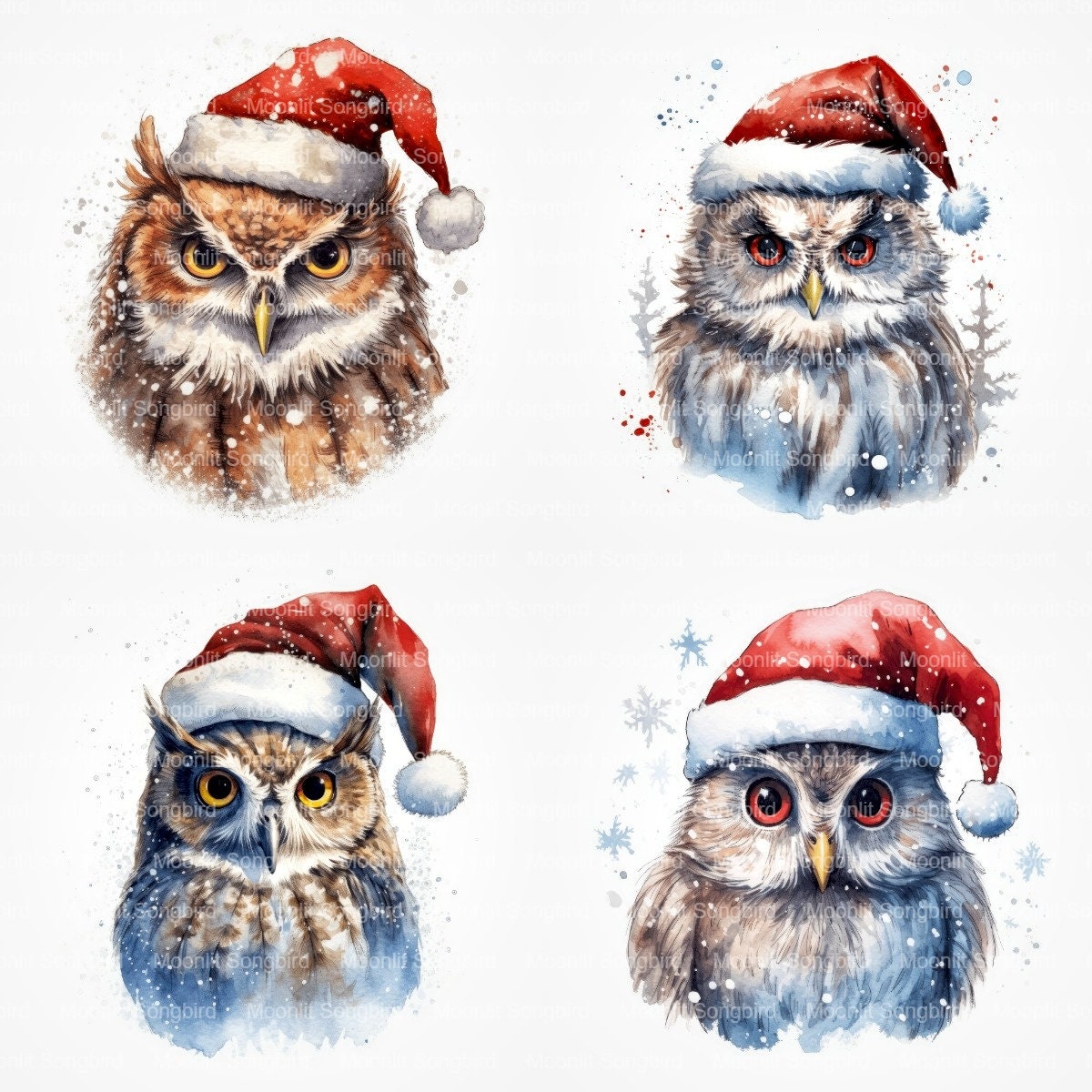 16 Christmas Owl Clipart, Digital Download, Printable Cute Watercolor ...