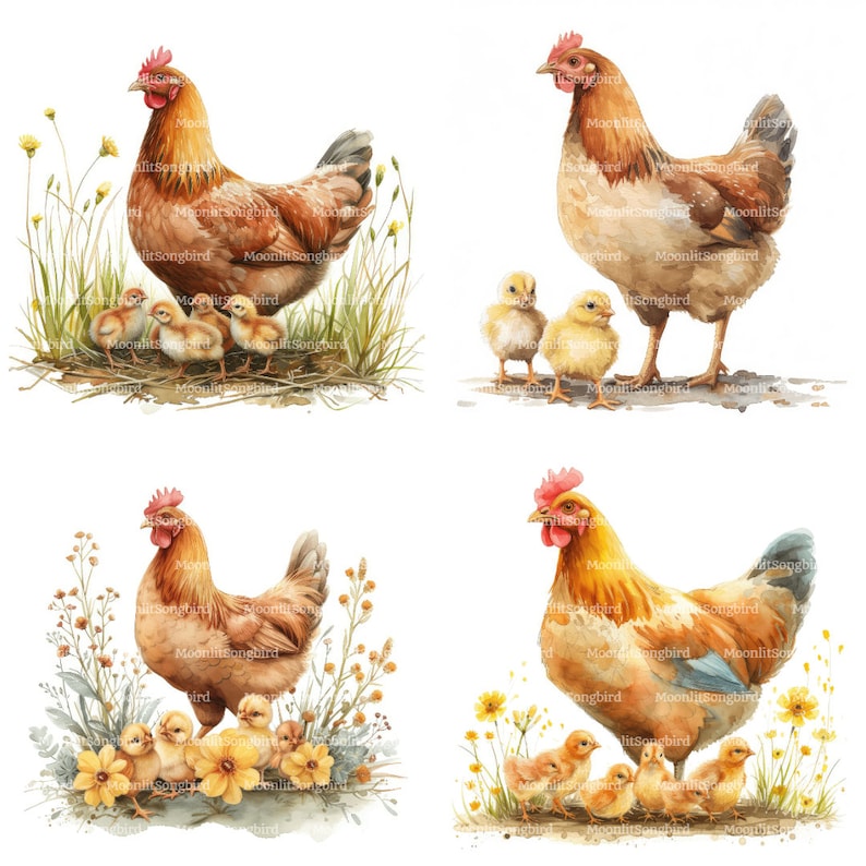 Hen and Chicks Watercolor Clipart, Farm Animal Art (digital Download ...