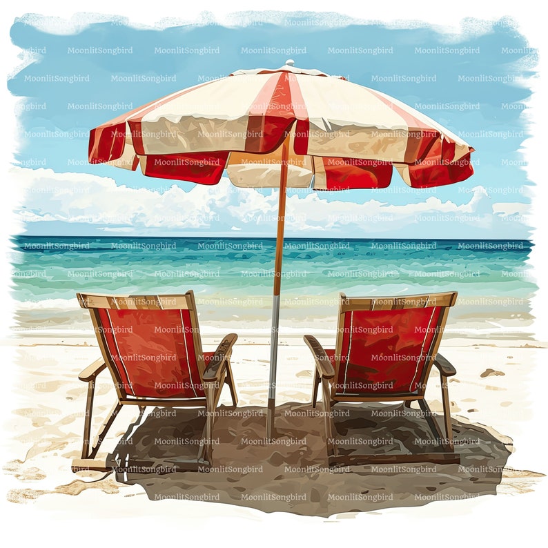 12 Beach Chairs and Beach Umbrella Clipart, Digital Download, Printable ...