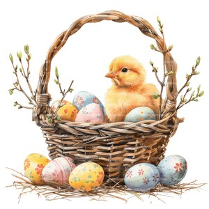 11 Easter Basket With Chick and Eggs Clipart, Digital Download ...