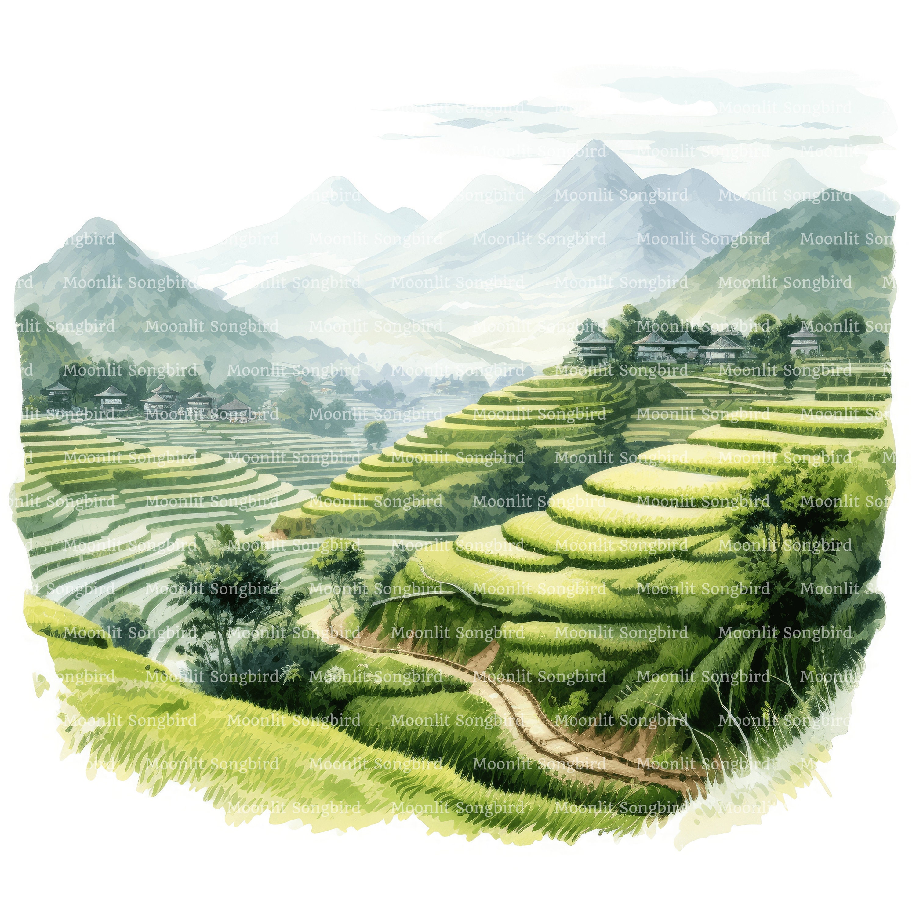 11 Terraced Rice Fields Clipart, Digital Download, Printable Watercolor ...