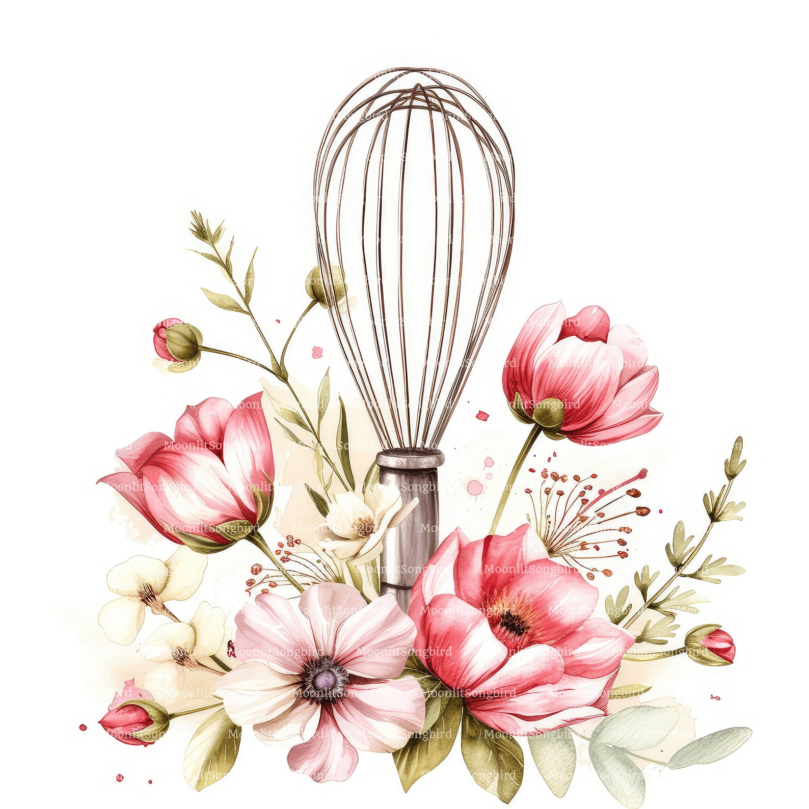 16 Whisk With Flowers Clipart, Digital Download, Printable Watercolor ...