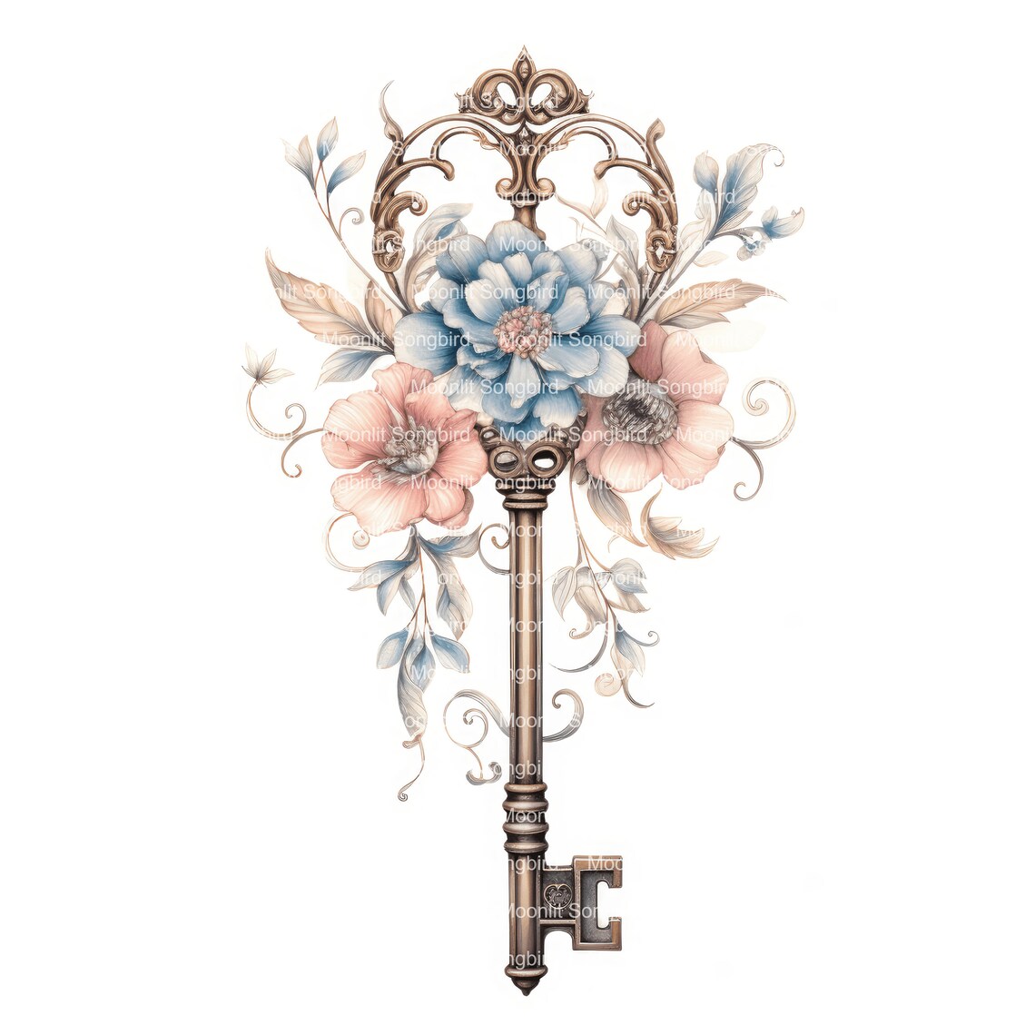 Vintage Key With Flowers Clipart, Printable Watercolor (digital ...