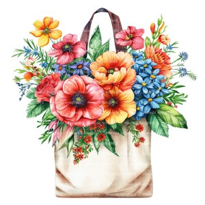 12 Flowers in Tote Bag Clipart, Digital Download, Printable Watercolor ...