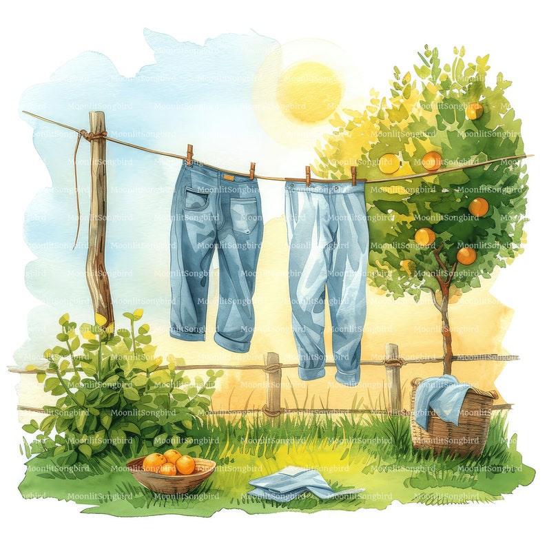12 Laundry Drying on Clothesline Clipart, Digital Download, Printable ...