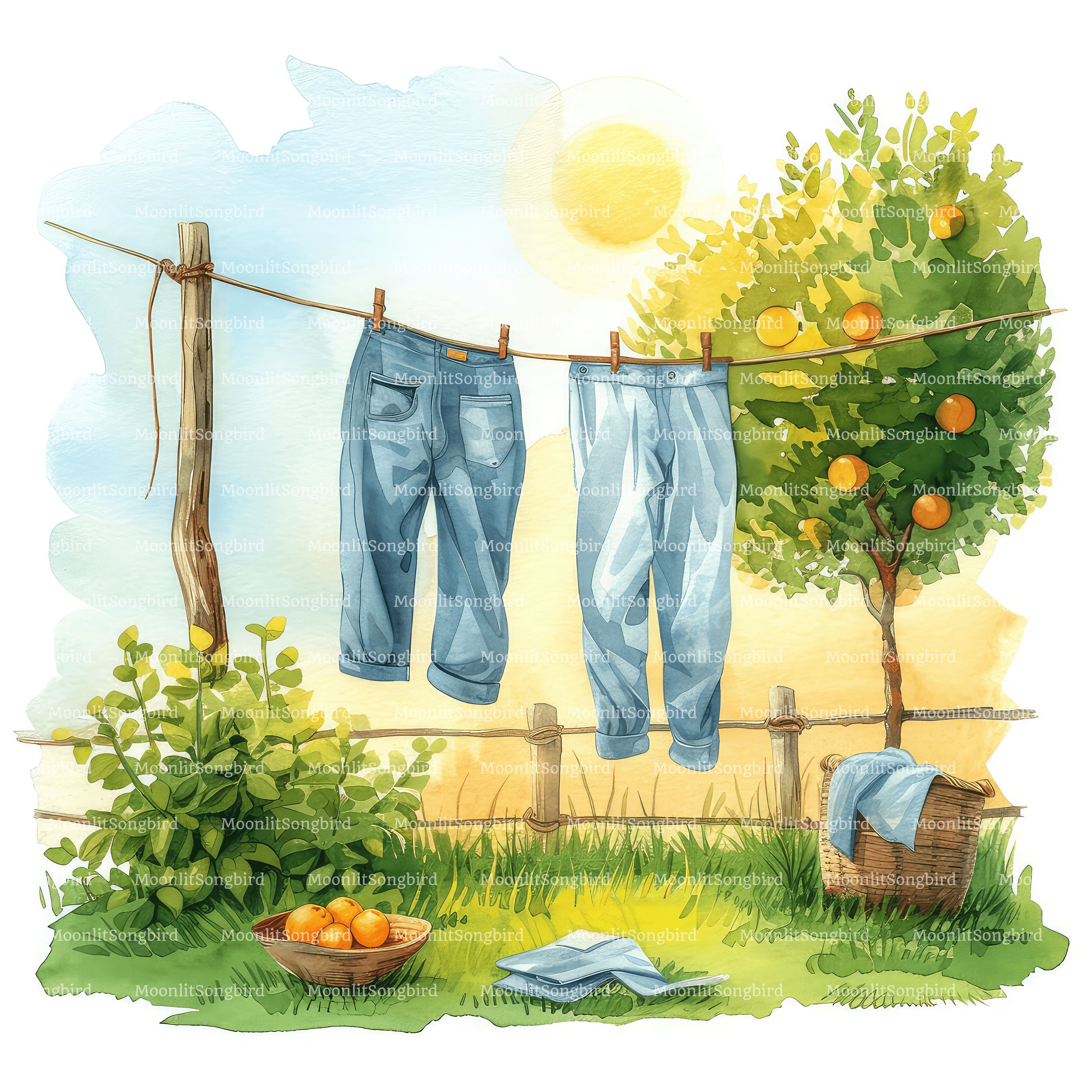 12 Laundry Drying on Clothesline Clipart, Digital Download, Printable ...