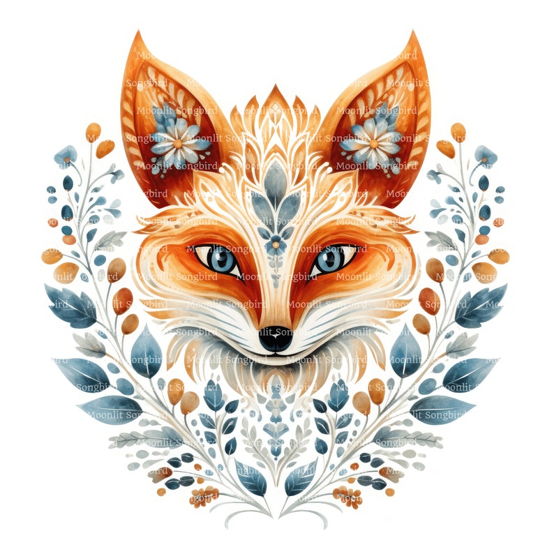 12 Fox Folk Art Clipart, Digital Download, Printable Watercolor Clipart ...