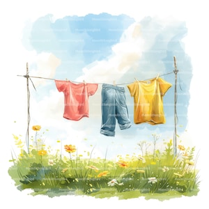 12 Laundry Drying on Clothesline Clipart, Digital Download, Printable ...