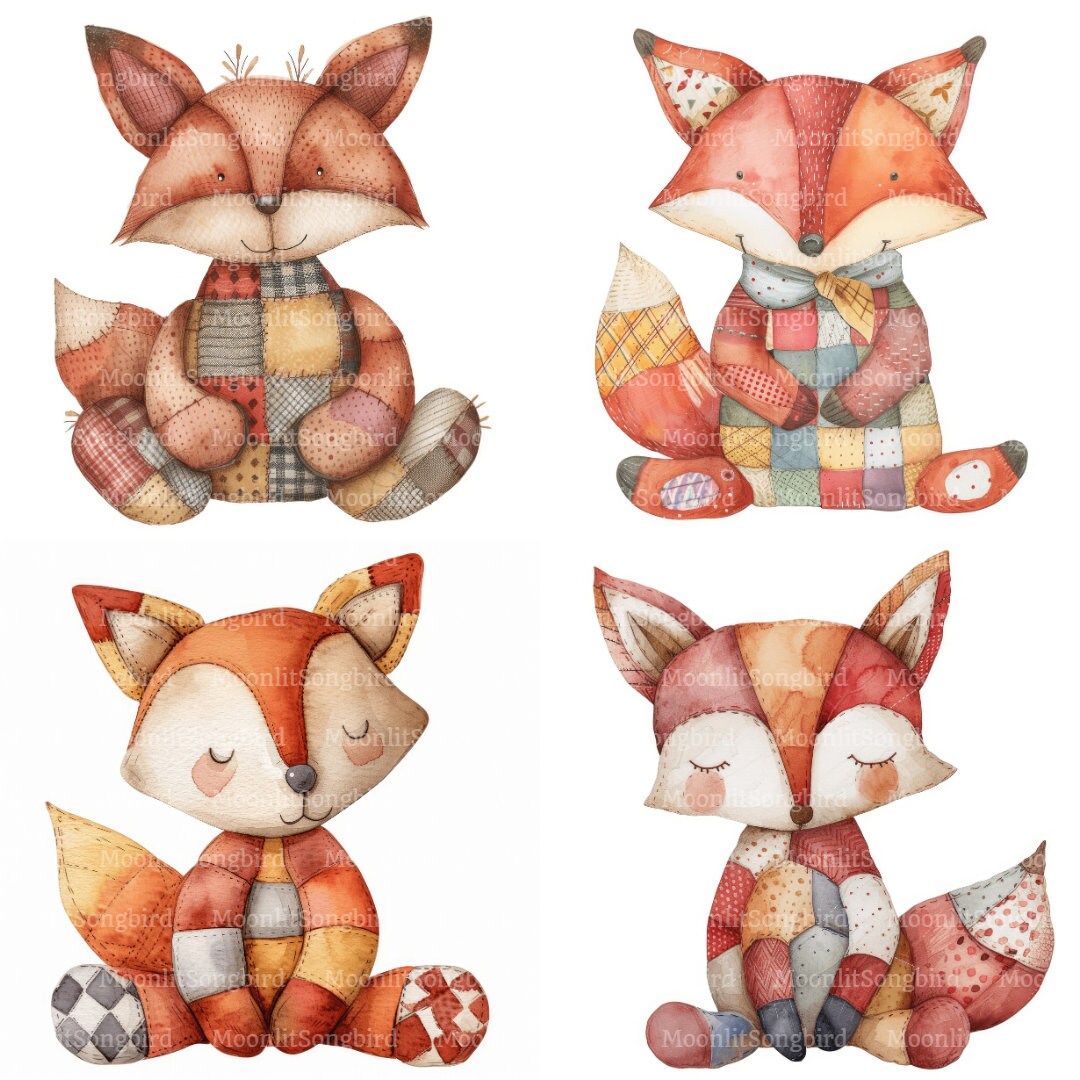 16 Patchwork Fox Clipart, Digital Download, Printable Watercolor ...