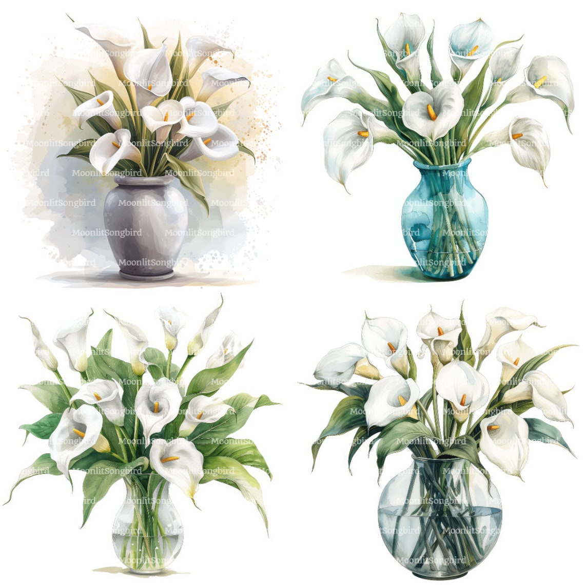 16 Calla Lilies in Vase Clipart, Digital Download, Printable Watercolor ...