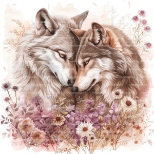 14 Wolf Couple in Flowers Clipart, Digital Download, Printable ...