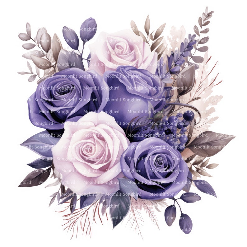 11 Purple Roses Bouquet Clipart, Wedding Bouquet, Digital Download ...