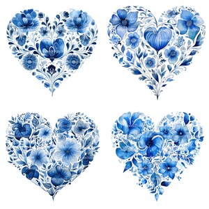 16 Blue Floral Hearts Clipart, Digital Download, Printable Watercolor ...