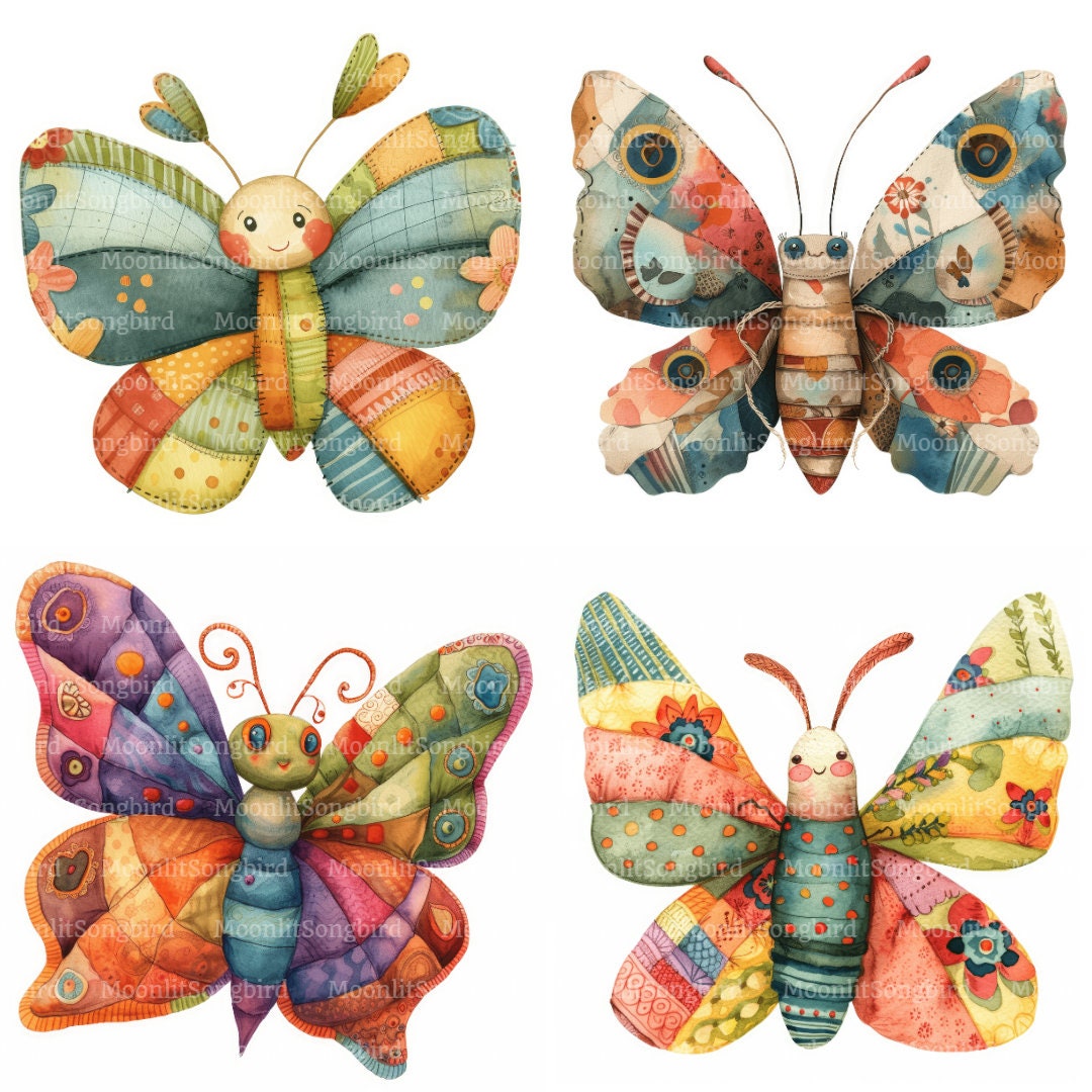 12 Patchwork Butterfly Clipart, Digital Download, Printable Watercolor ...