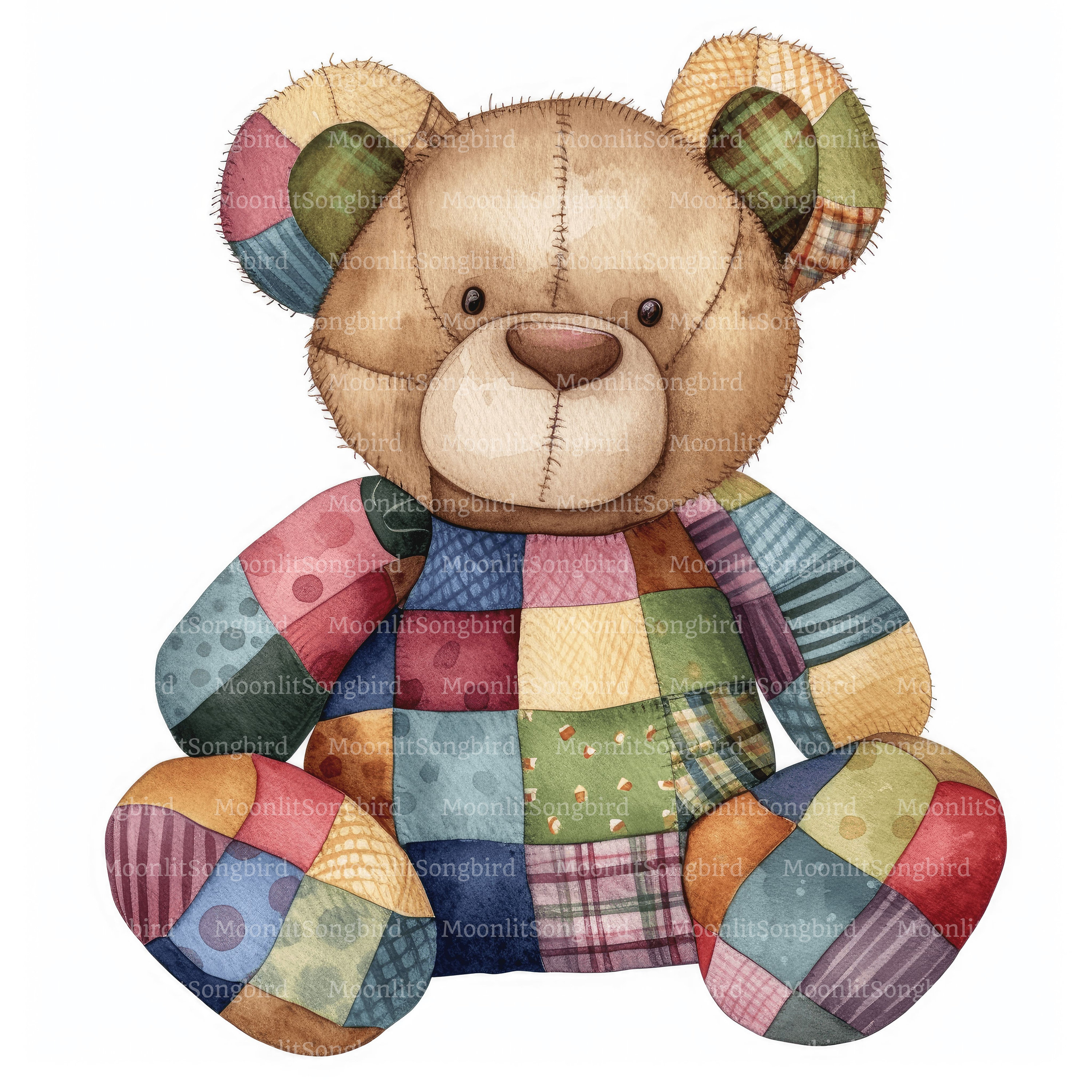 15 Patchwork Teddy Bear Clipart, Digital Download, Printable Watercolor ...