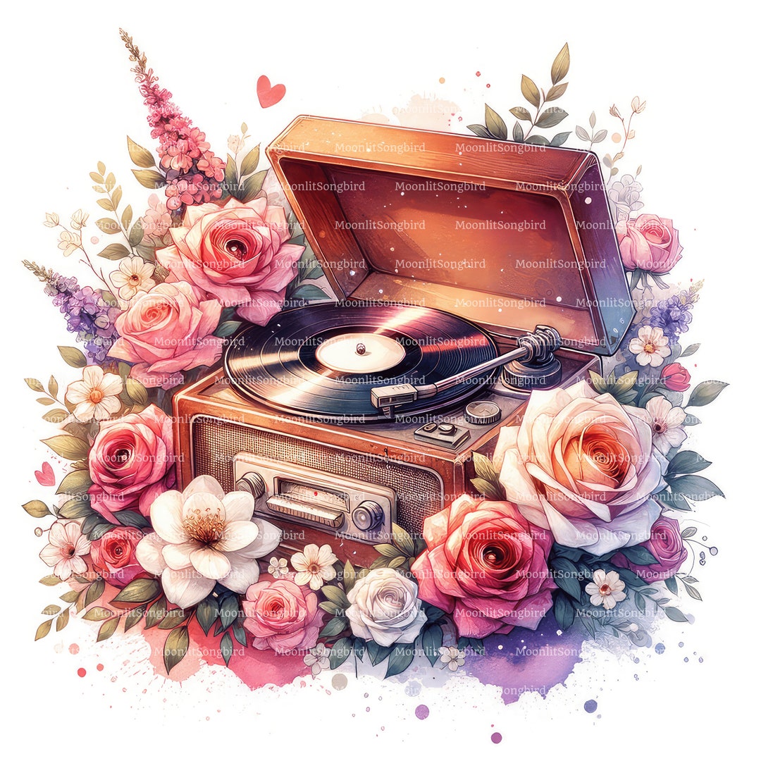 10 Floral Vintage Record Players Clipart, Digital Download, Printable ...