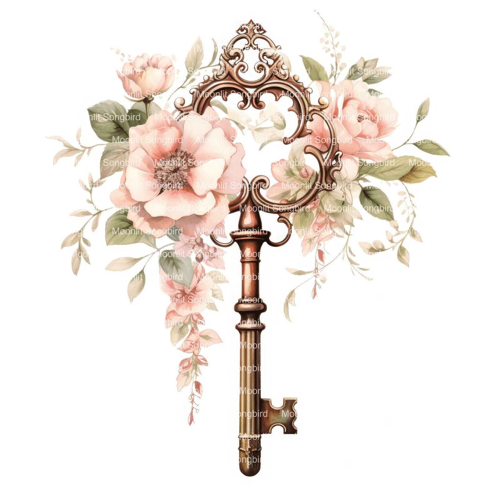 Vintage Key With Flowers Clipart, Printable Watercolor (digital ...