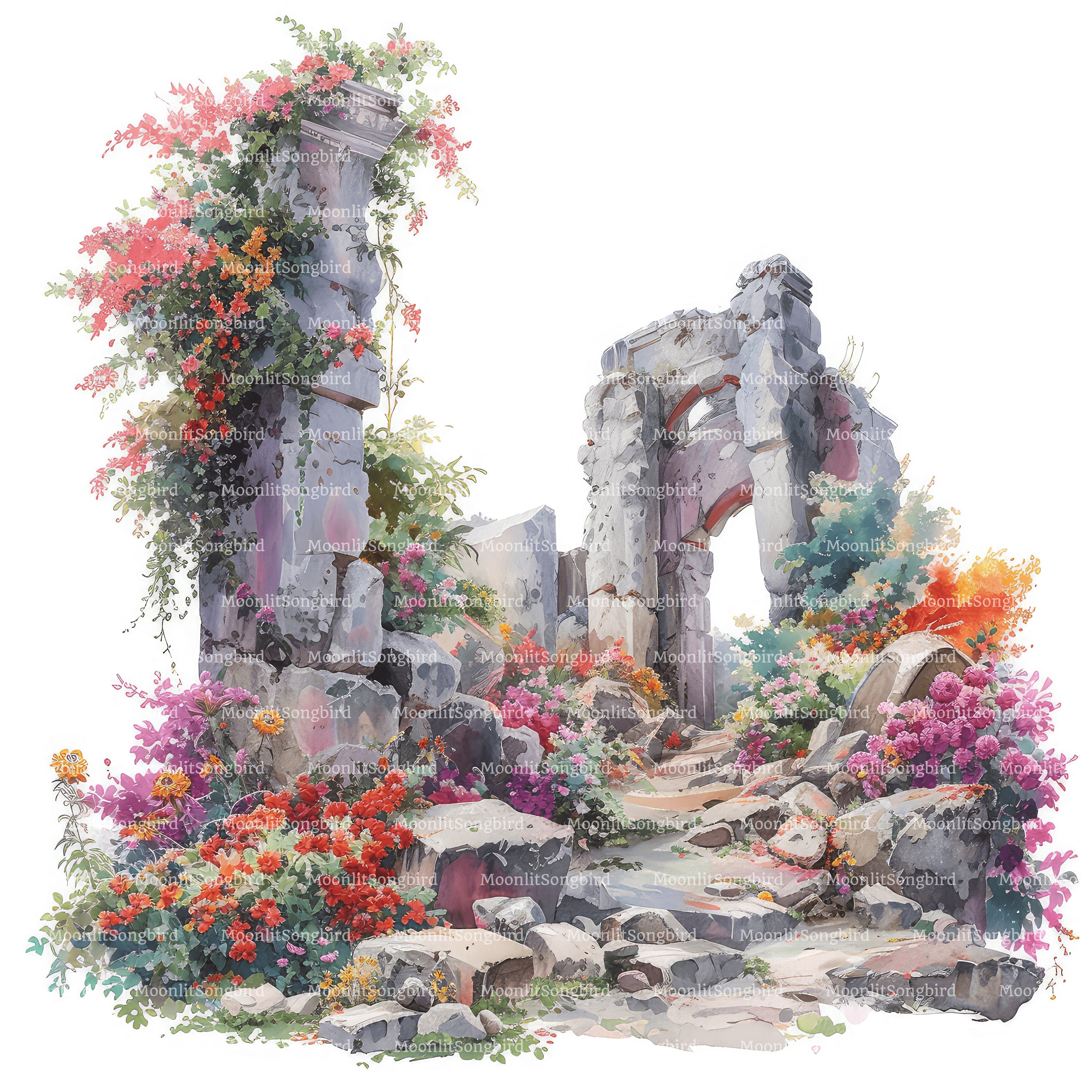 16 Floral Ruined Buildings Clipart, Digital Download, Printable ...