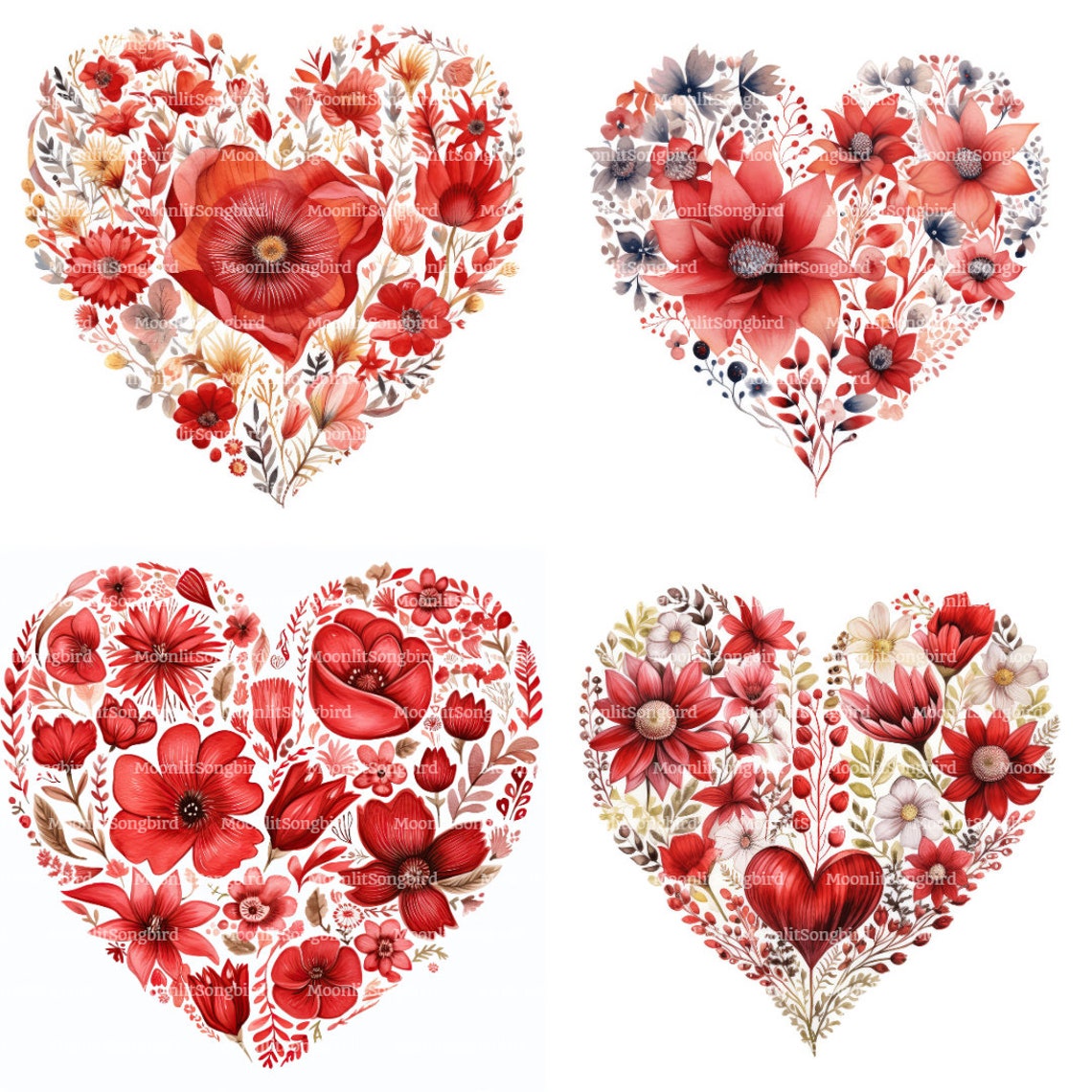 15 Red Floral Hearts Clipart, Digital Download, Printable Watercolor ...