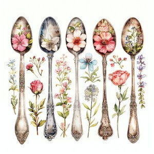 10 Vintage Spoons and Flowers Clipart, Digital Download, Printable ...