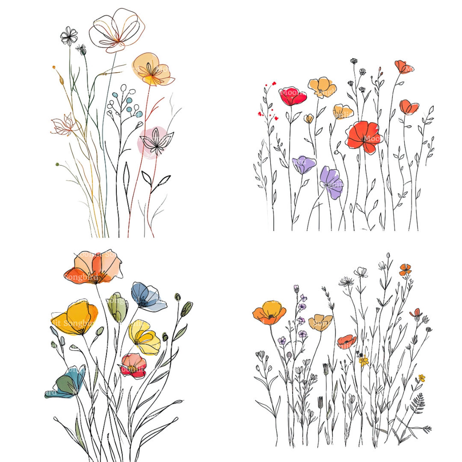 24 Wildflower Drawings Clipart, Digital Download, Printable Watercolor ...