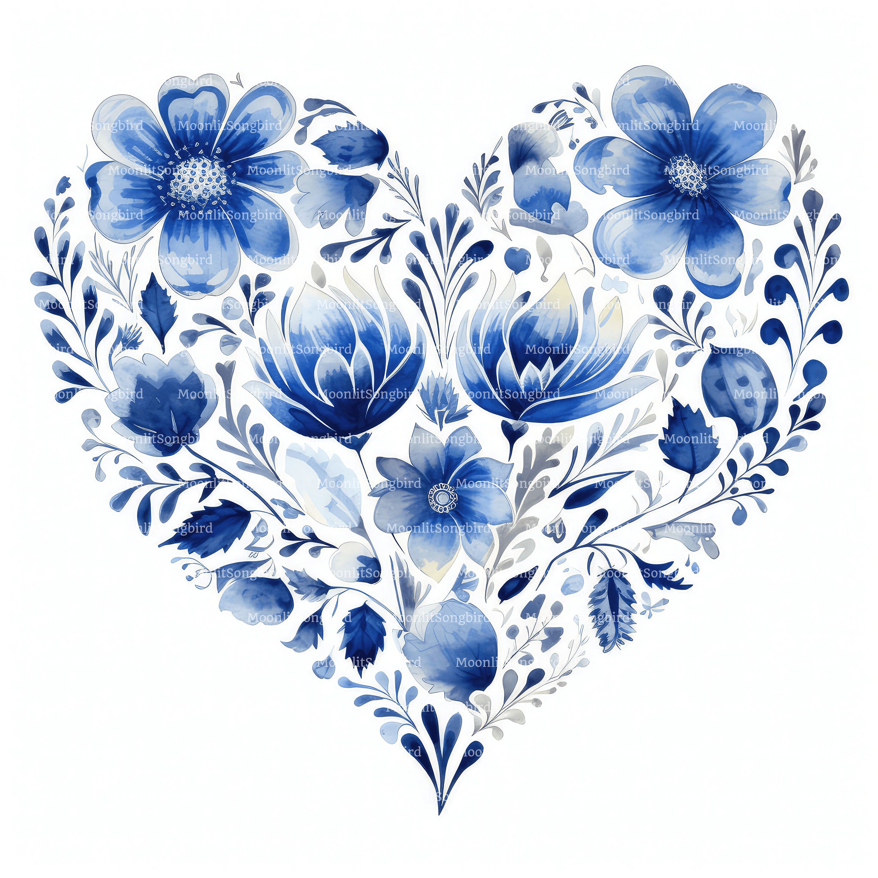 16 Blue Floral Hearts Clipart, Digital Download, Printable Watercolor ...