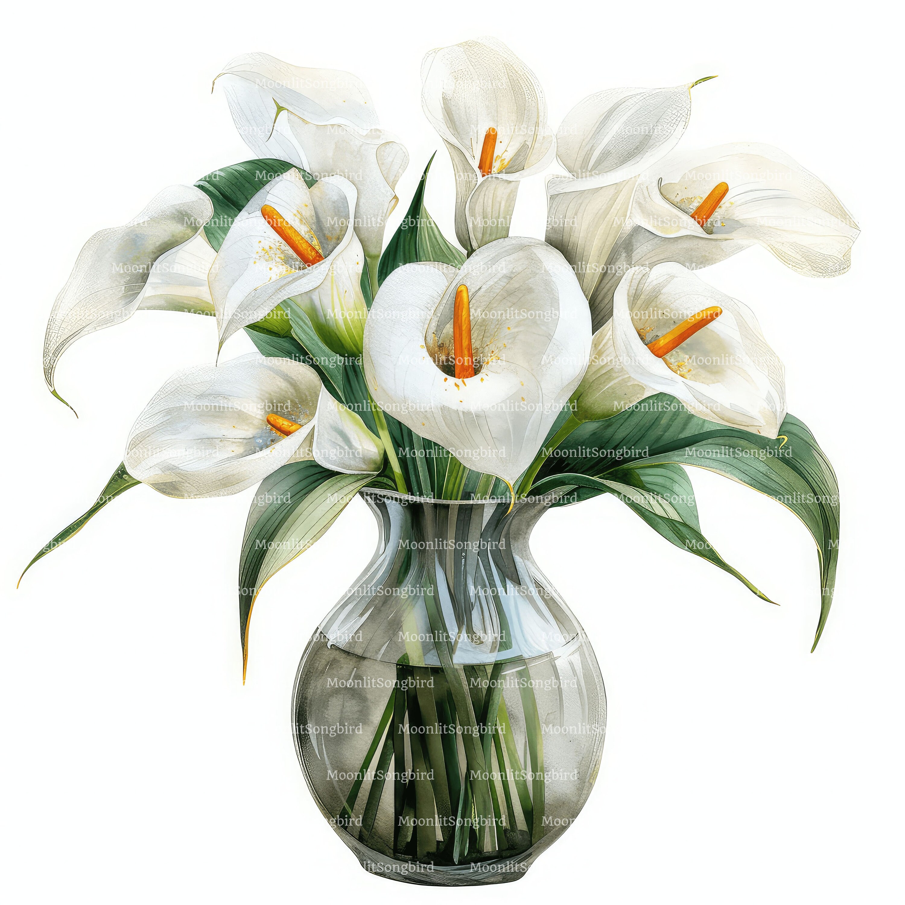 16 Calla Lilies in Vase Clipart, Digital Download, Printable Watercolor ...