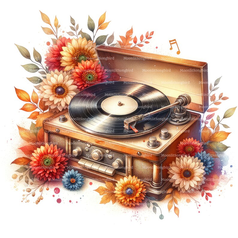 10 Floral Vintage Record Players Clipart, Digital Download, Printable ...