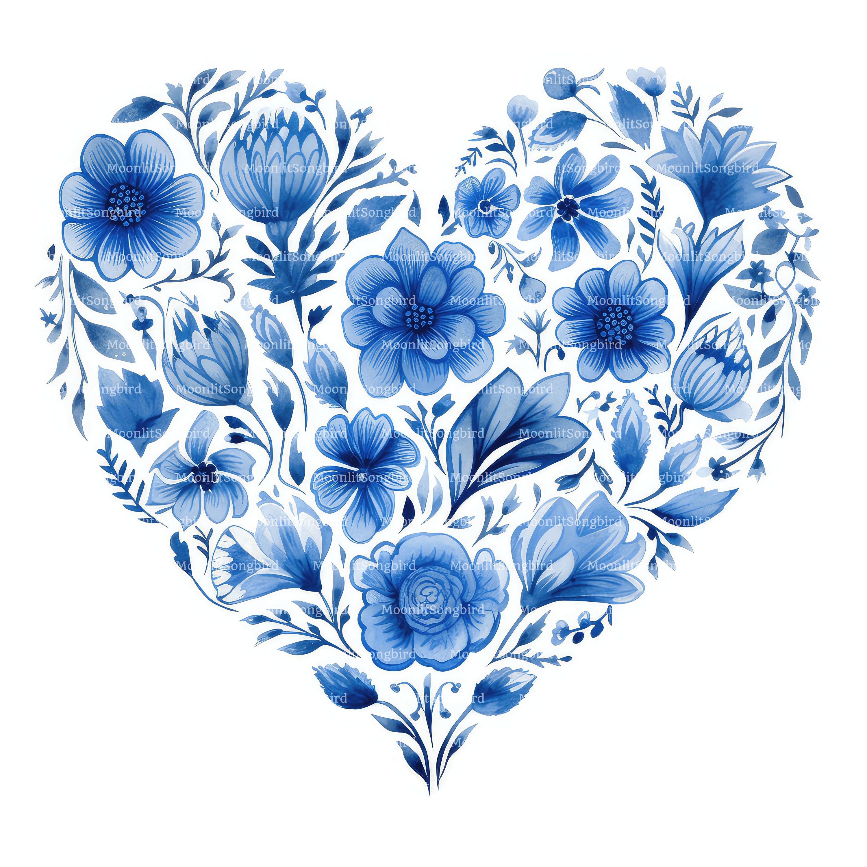 16 Blue Floral Hearts Clipart, Digital Download, Printable Watercolor ...