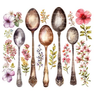 10 Vintage Spoons and Flowers Clipart, Digital Download, Printable ...